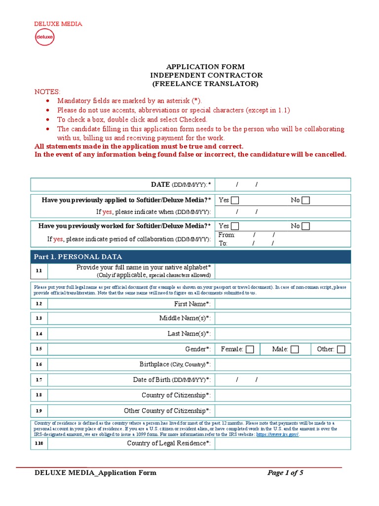Application Form Independent Contractor (Freelance Translator ...