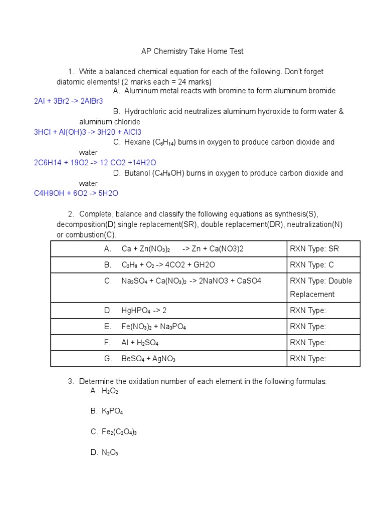 AP Chemistry Take Home Test Guide | PDF | Redox | Combustion