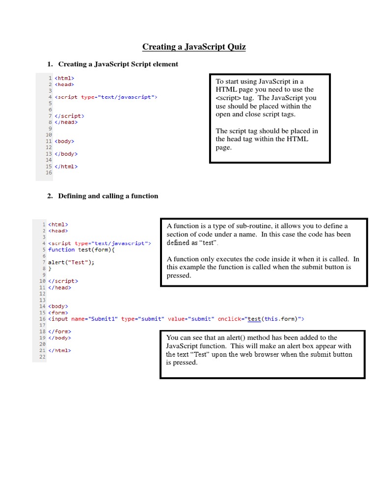 Create Javascript Quiz Pdf Html Element Java Script