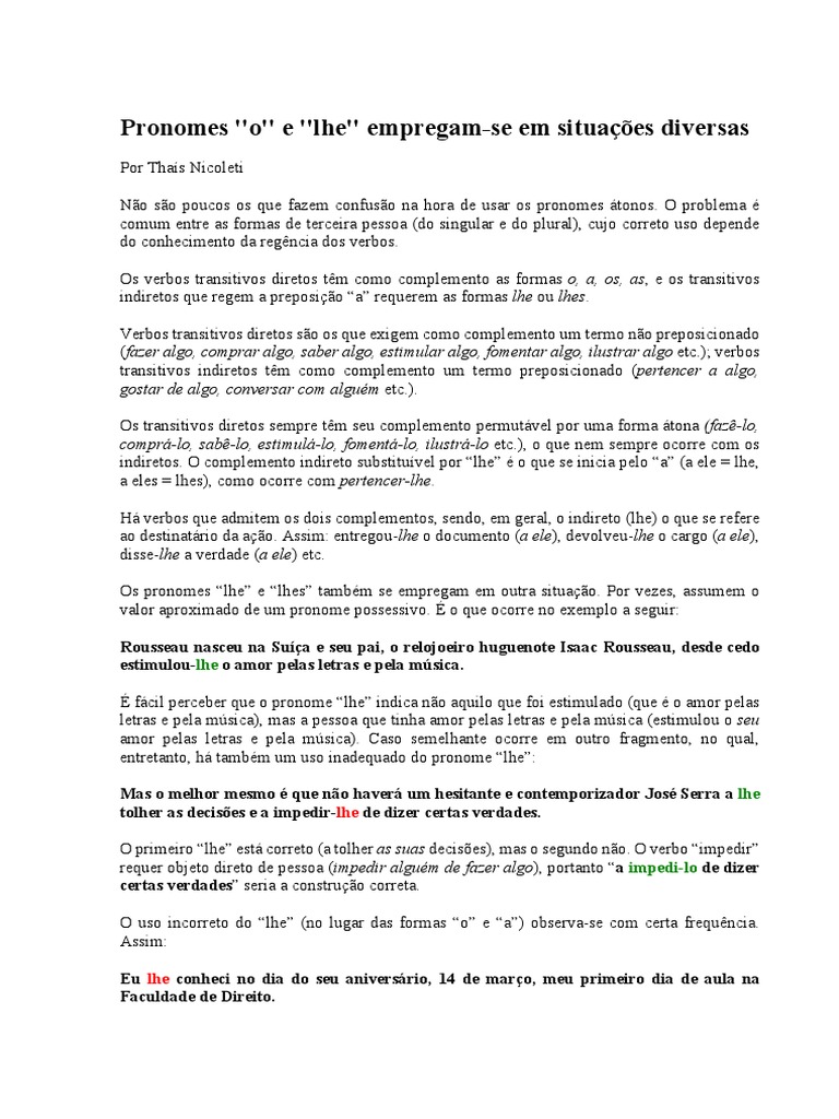 Pronomes o e Lhe | PDF | Pronome | Amor