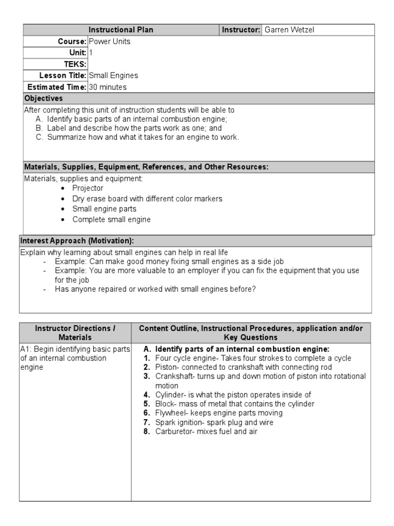 Lesson Plan | PDF | Internal Combustion Engine | Engines