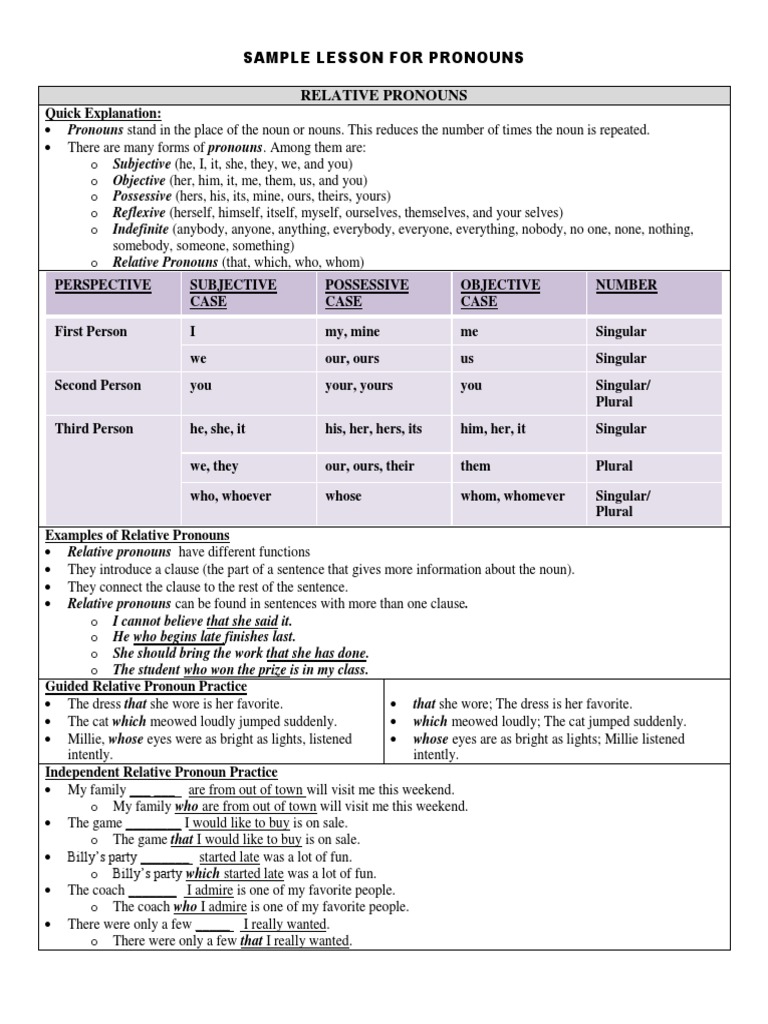 Relative Pronouns Lesson Plan | PDF | Pronoun | Grammatical Number