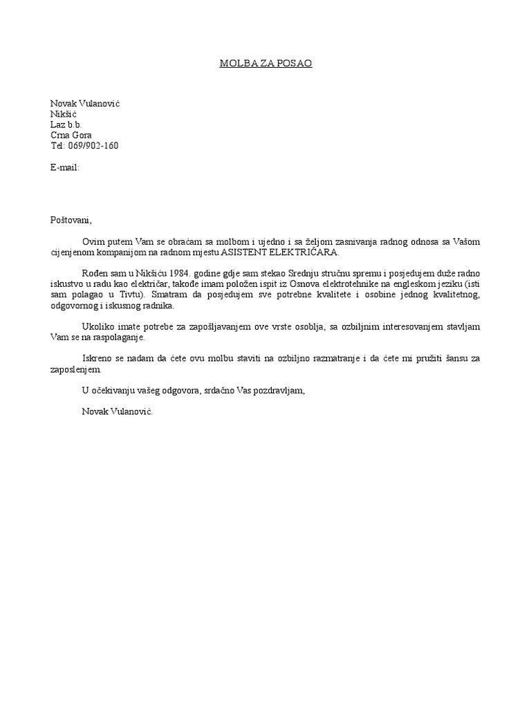 Zaposlise Eu Primjer Molba Zamolba Za Posao Molba Za Posao Primjer ...