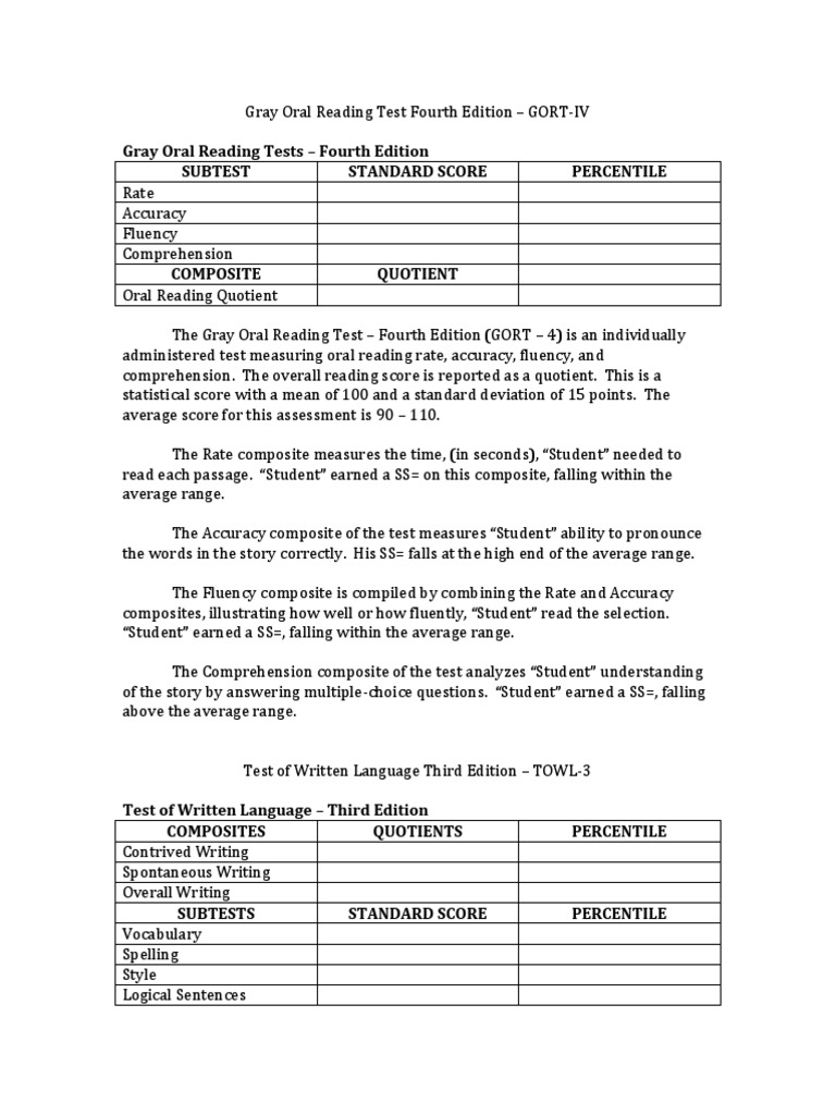 Reading Assessment Templates For Gort and Towl | PDF | Reading ...