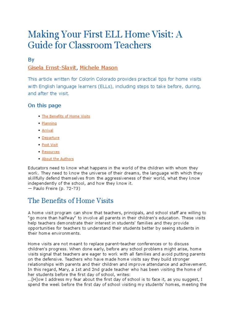 ELL Home Visit Guide for Teachers | PDF | Language Arts & Discipline ...