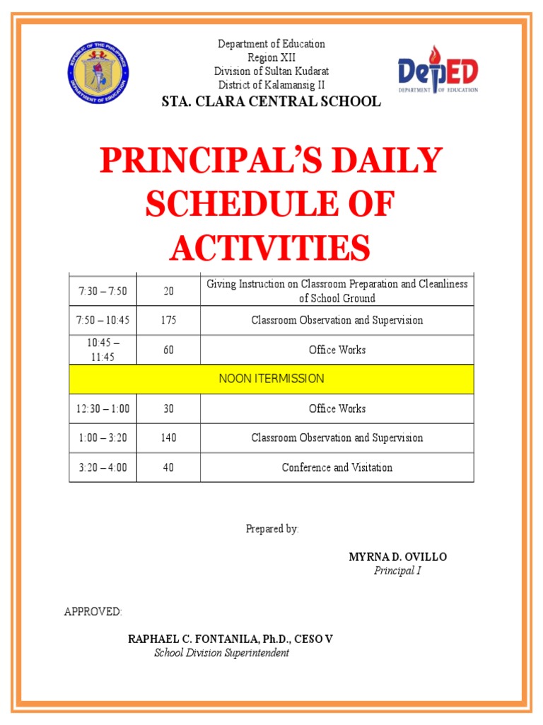 Principal'S Daily Schedule of Activities: Sta. Clara Central School | PDF