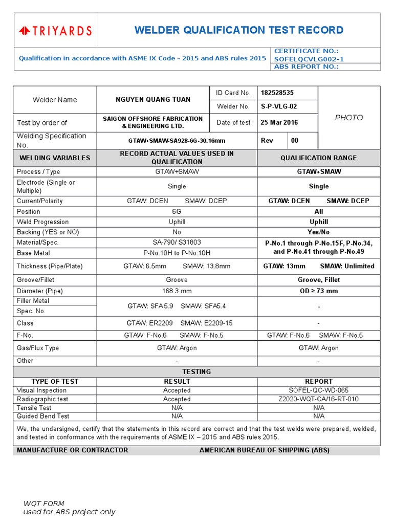 Welder qualification test record | PDF | Welding | Construction