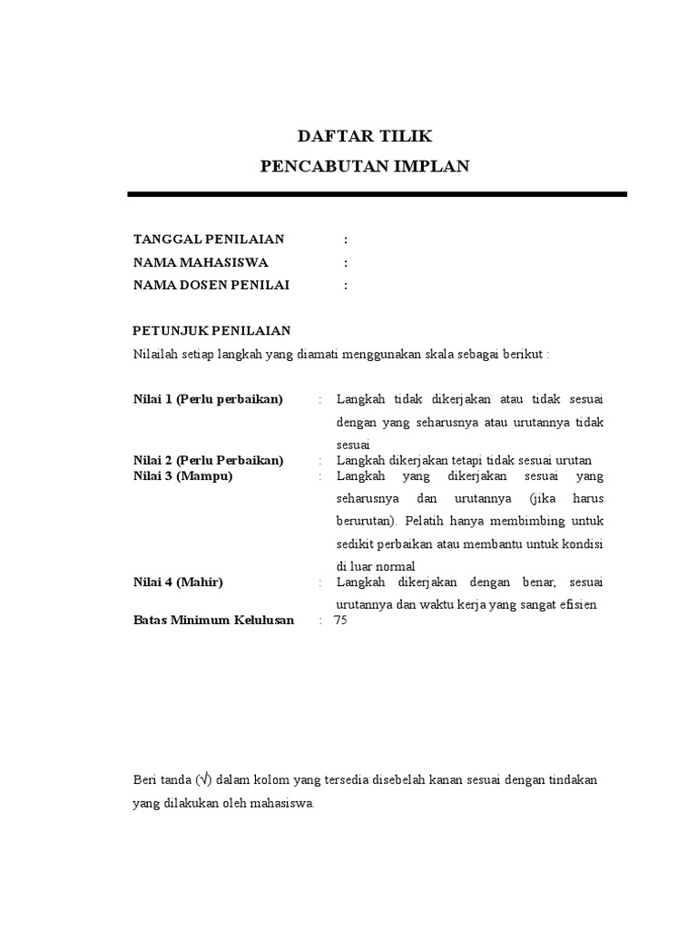 Daftar Tilik Pencabutan Implan | PDF