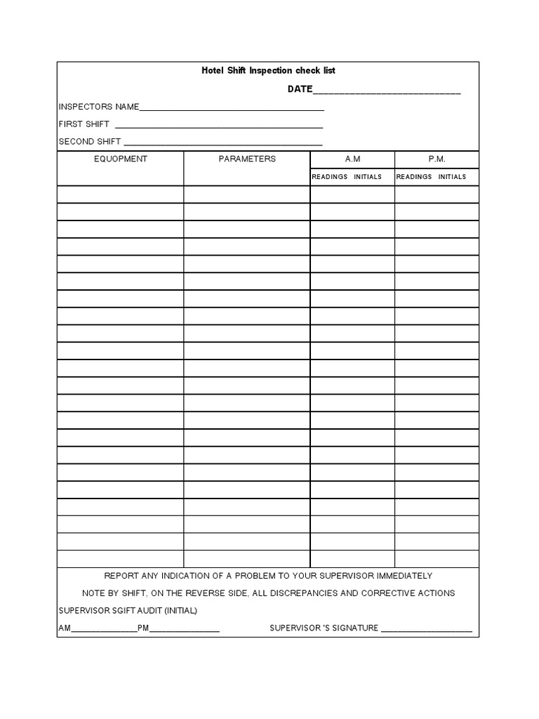 Hotel Shift Inspection Check List DATE | PDF