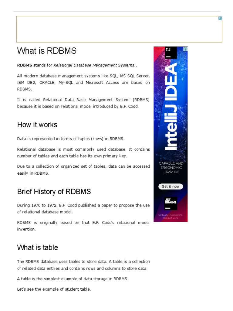 What Is RDBMS - Javatpoint | PDF | Relational Database | Relational Model