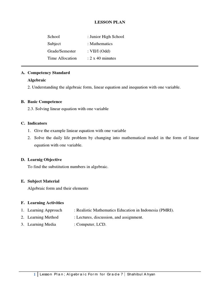 Lesson Plan of Algebra Vii Class | PDF | Lesson Plan | Equations