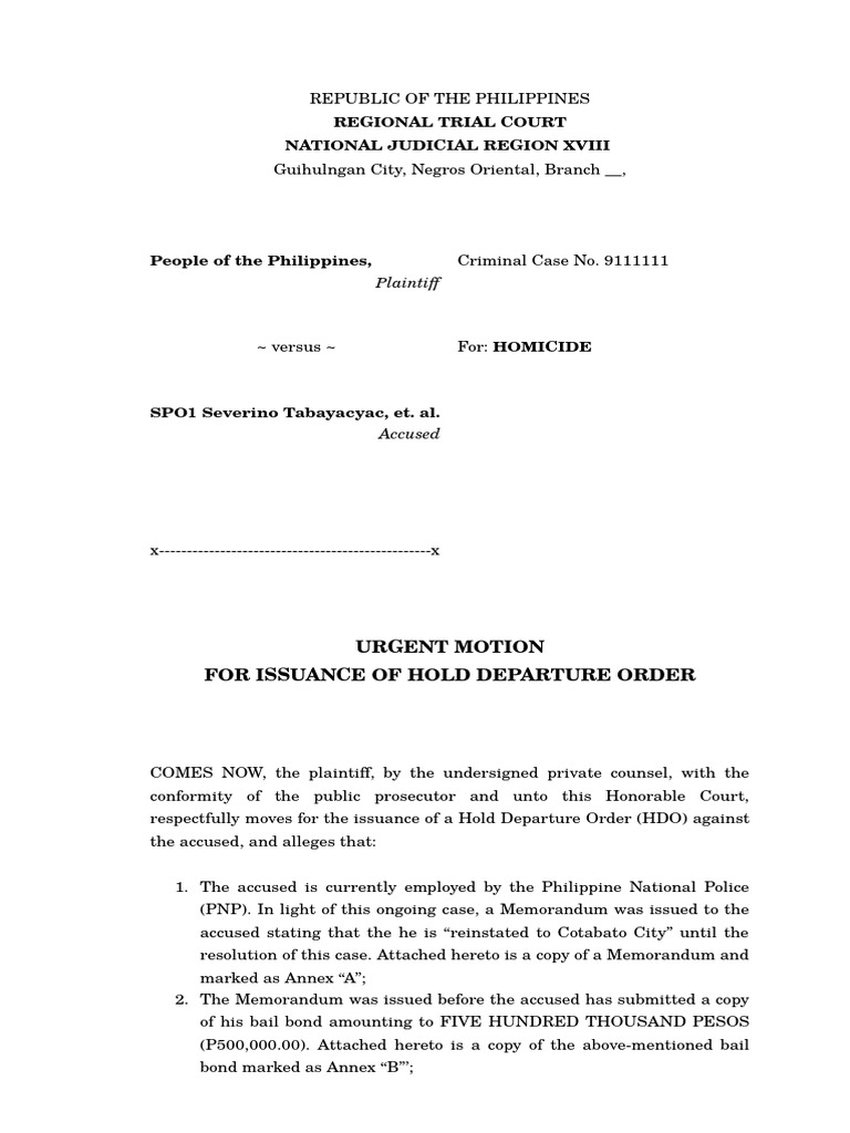 SAMPLE - Hold Departure Order | PDF | Bail | Crime & Violence