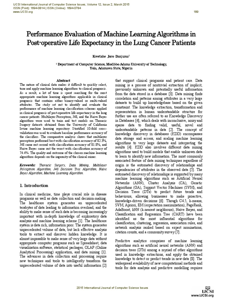 Performance Evaluation Of Machine Learning Algorithms In Post Operative