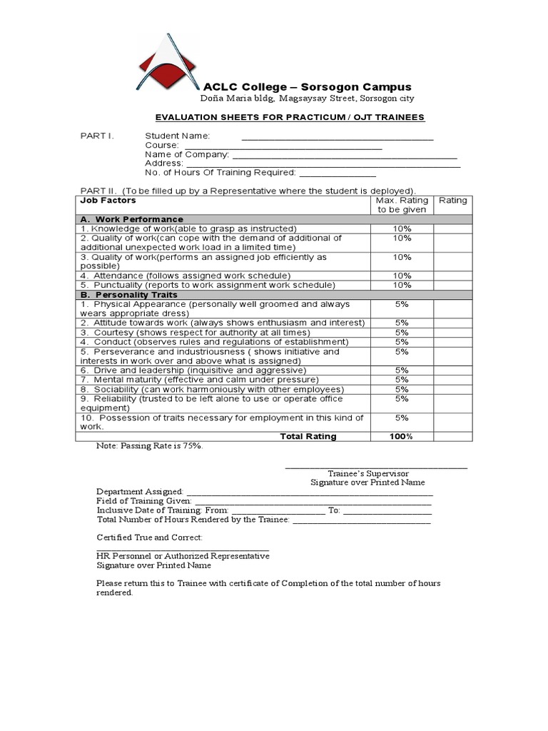 OJT Evaluation Form ACLC | Behavioural Sciences | Applied Psychology
