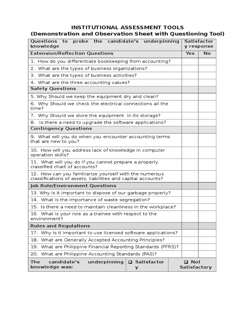 Institutional Assessment Tools (Demonstration and Observation Sheet ...