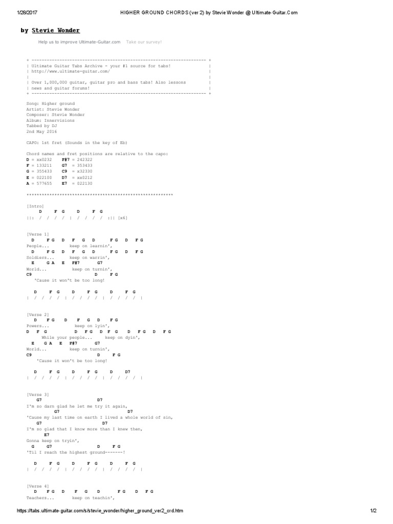 HIGHER GROUND CHORDS (Ver 2) by Stevie Wonder at Ultimate-Guitar | PDF