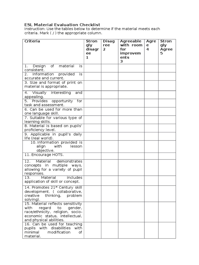 ESL Material Evaluation Checklist