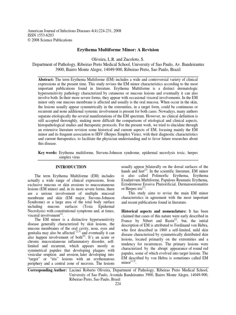 Erythema Multiforme Minor: A Revision | PDF | Herpes Simplex ...