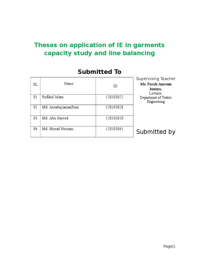 Theses On Application of IE in Garments Capacity Study and Line ...