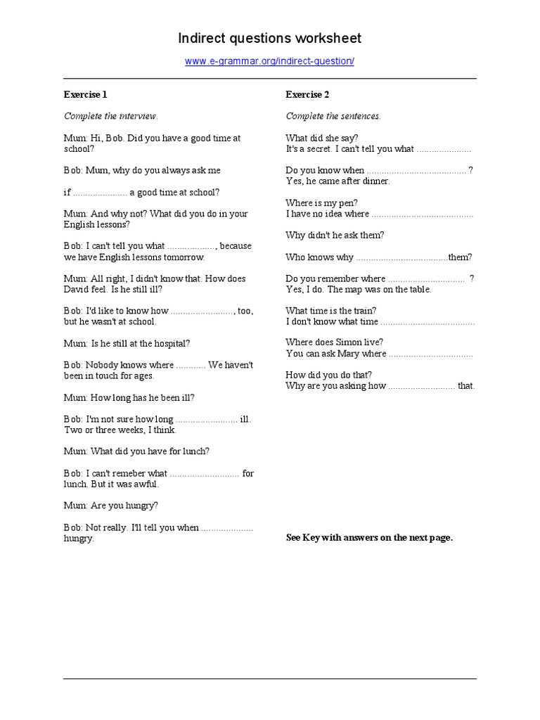 Indirect Questions Worksheet Exercises | PDF | Language Arts & Discipline