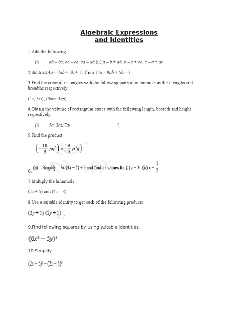 Algebraic Expressions and Identities: (I) Ab - BC, BC - Ca, Ca - Ab (Ii ...