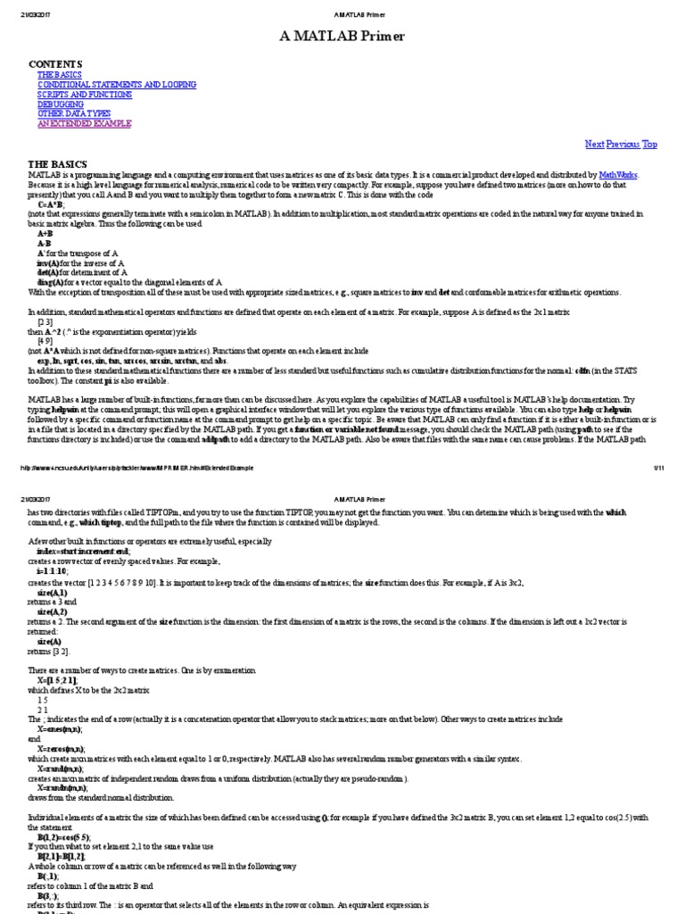 A Matlab Primer | PDF | Matrix (Mathematics) | Parameter (Computer Programming)