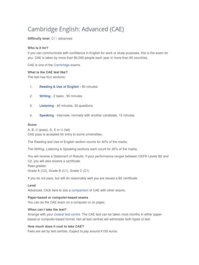 Cambridge English: Advanced (CAE) : Difficulty Level: Who Is It For ...