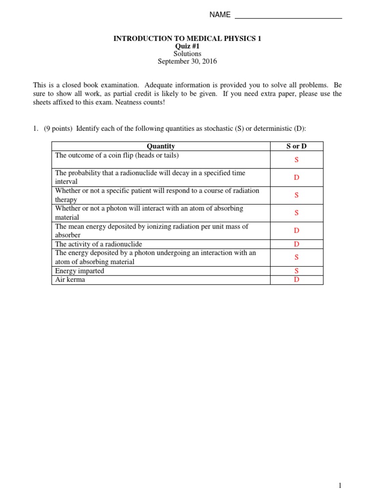 Introduction To Medical Physics 1 Quiz #1: S D S S D D S S D | PDF ...