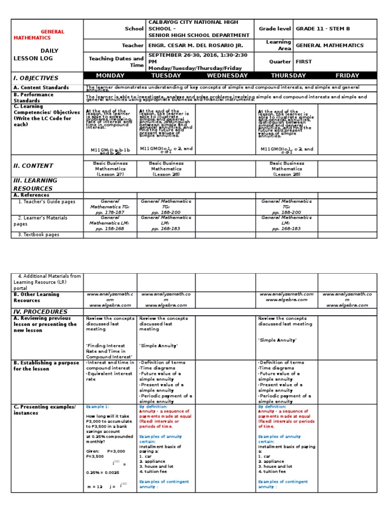 Gen Math STEM B Daily Lesson Log | PDF