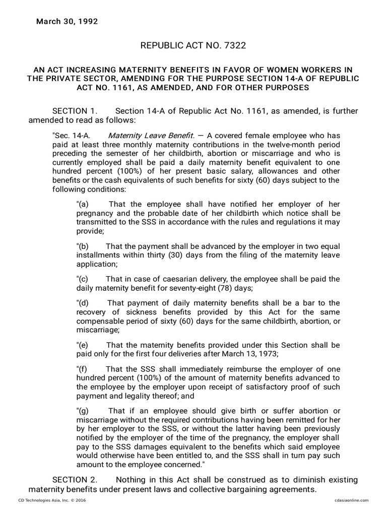 Ra 7322 | PDF | Parental Leave | Employment