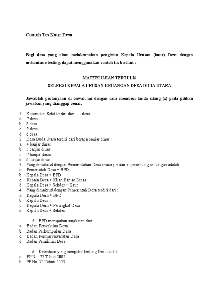 Contoh Tes Kaur Desa | PDF