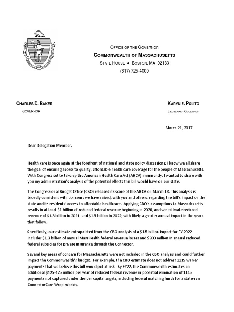 AHCA Letter To The MA Delegation | PDF | Patient Protection And ...