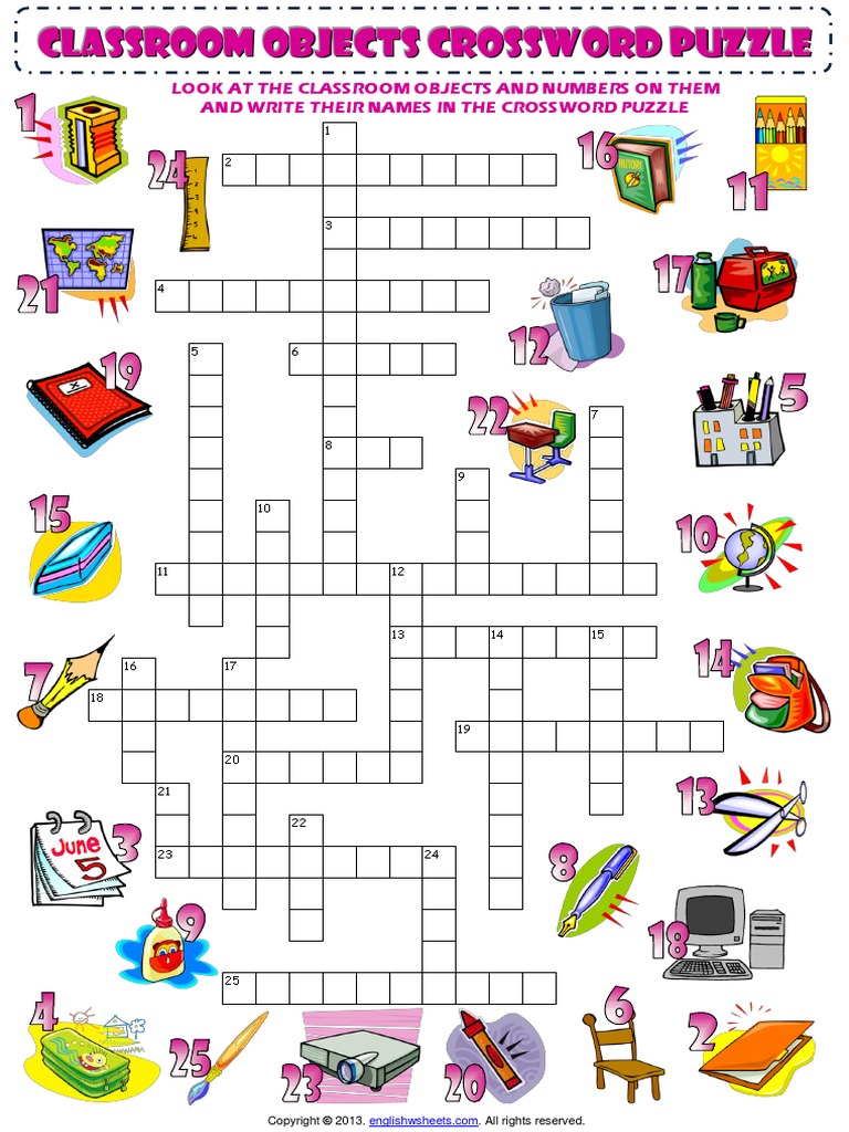 Classroom Objects Esl Vocabulary Crossword Puzzle Worksheet For Kids | PDF