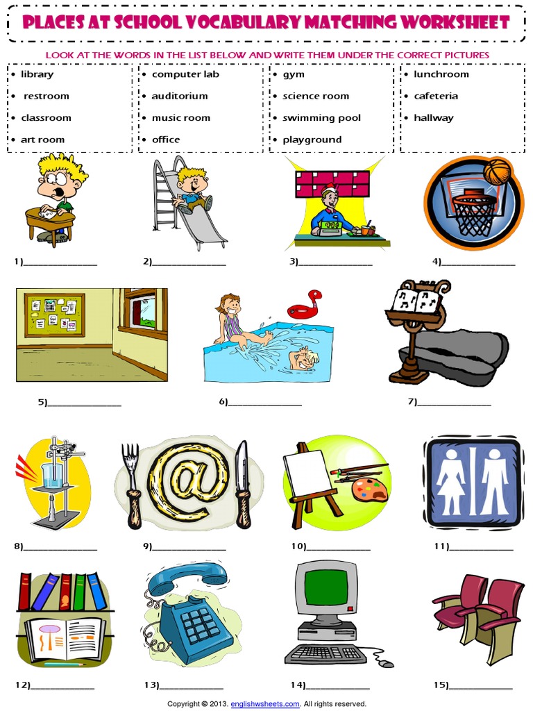 Places at School Vocabulary Matching Exercise Worksheet PDF | PDF