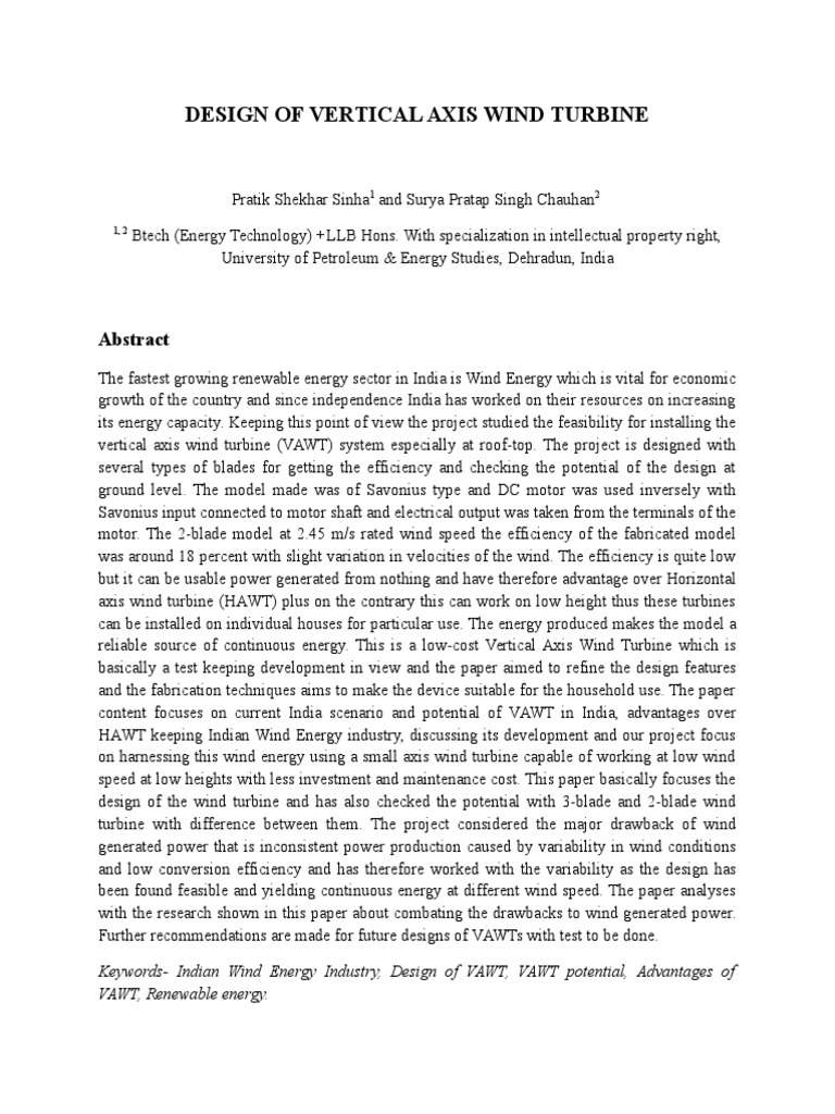 Vertical Axis Wind Turbine Design | PDF | Wind Power | Wind Turbine