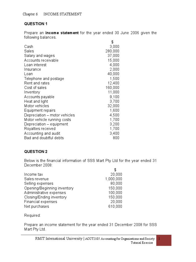ACCT 2105 Tutorial Exercises - Topic 4 - Income Statement | PDF ...