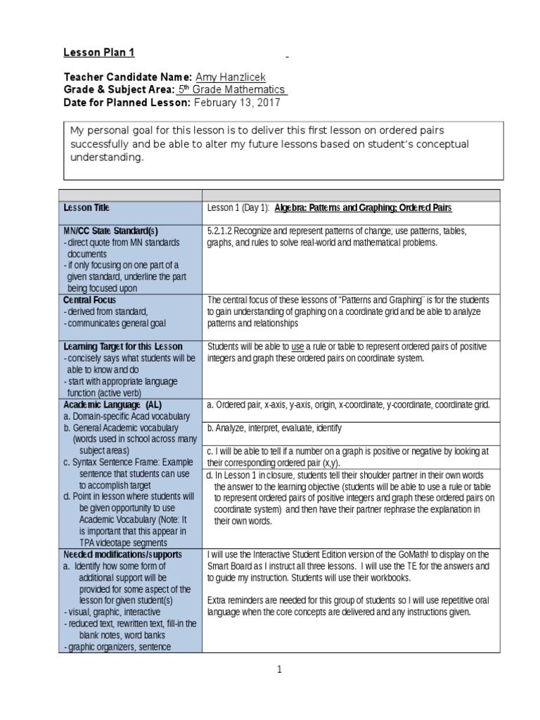 Lesson Plan 1 Teacher Candidate Name: Amy Hanzlicek Grade & Subject ...