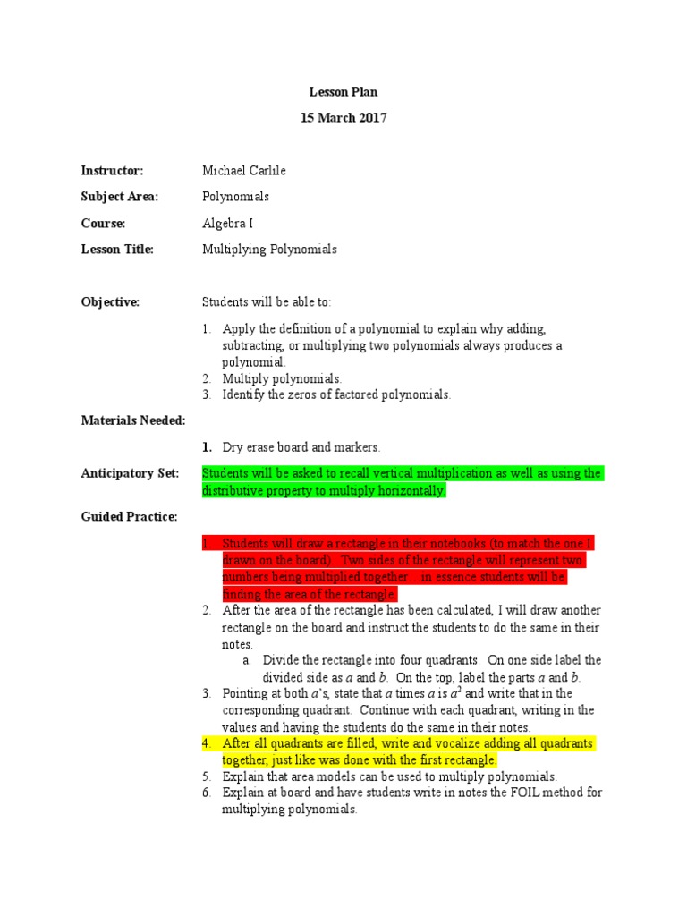 Lesson Plan Algebra | PDF | Multiplication | Polynomial