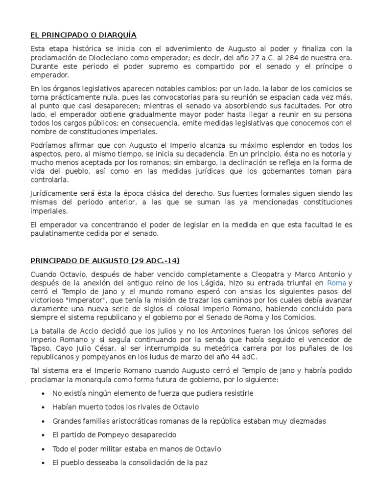 El Principado o Diarquía | PDF | Augusto | imperio Romano