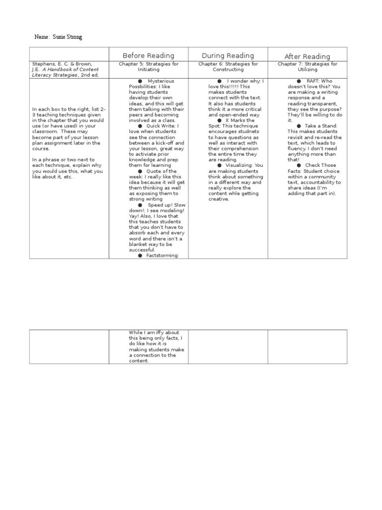 Before Reading During Reading After Reading: Name: Susie Strong | PDF | Reading Comprehension ...
