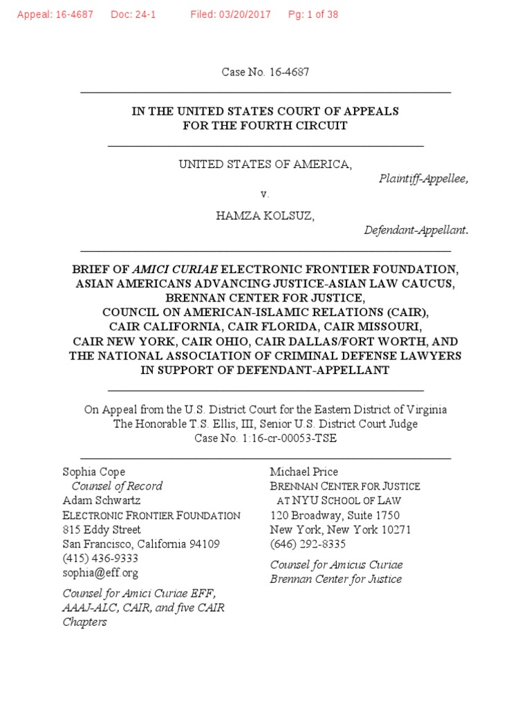 U.S.A v. Kolsuz (Brief of Amici Curiae From EFF, AAAJ-ALC, Brennan CTR ...