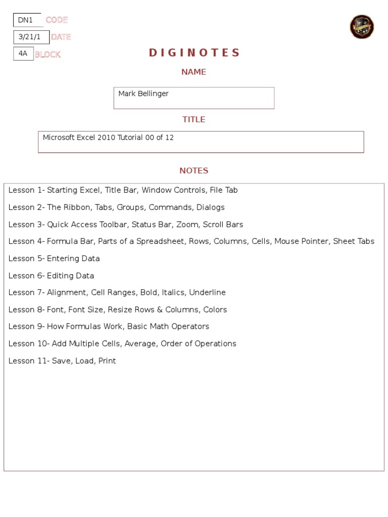 Excel 2010 Tutorial: Lessons 1-11 | PDF