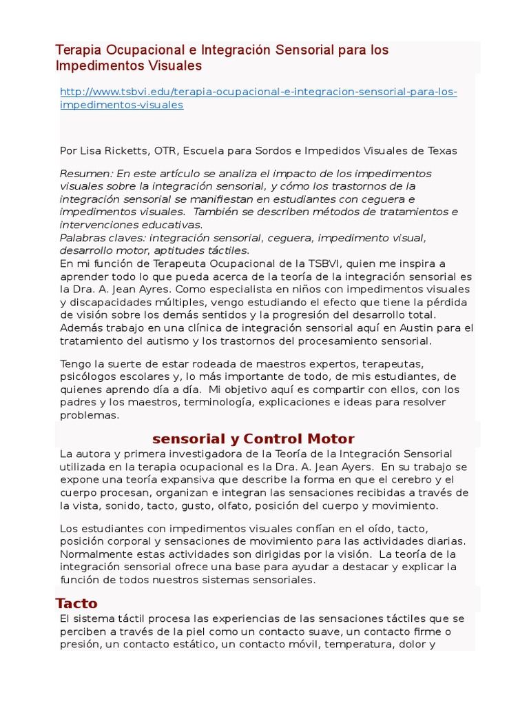 Terapia Ocupacional e Integración Sensorial para Los Impedimentos ...