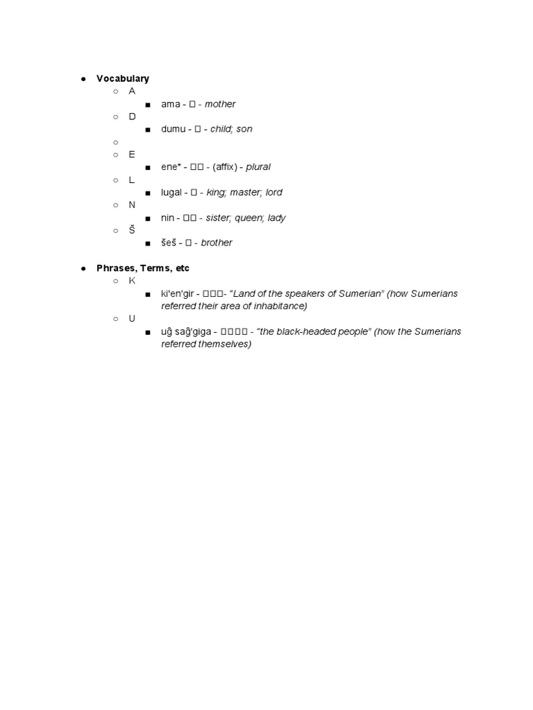 Sumerian Vocabulary and Phrases Guide | PDF