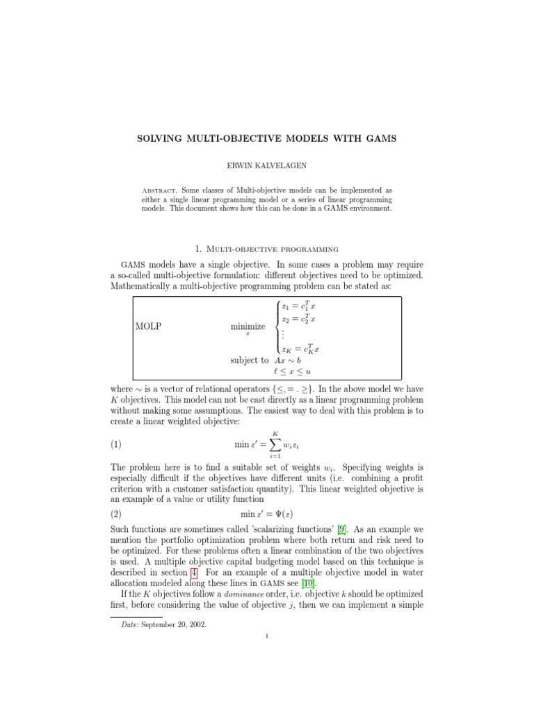 Solving Multiobjective Models With GAMS | PDF | Linear Programming | Mathematical Optimization