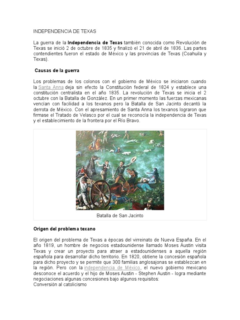 Independencia de Texas: Causas y Batallas | PDF | Revolución de Texas ...
