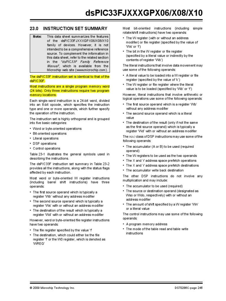 Set de Instrucciones DsPic33 | PDF | Instruction Set | Pic Microcontroller