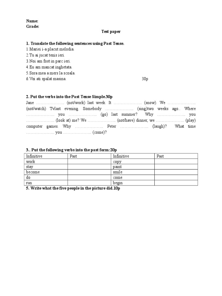 Name: Grade: Test Paper 1. Translate The Following Sentences Using Past ...
