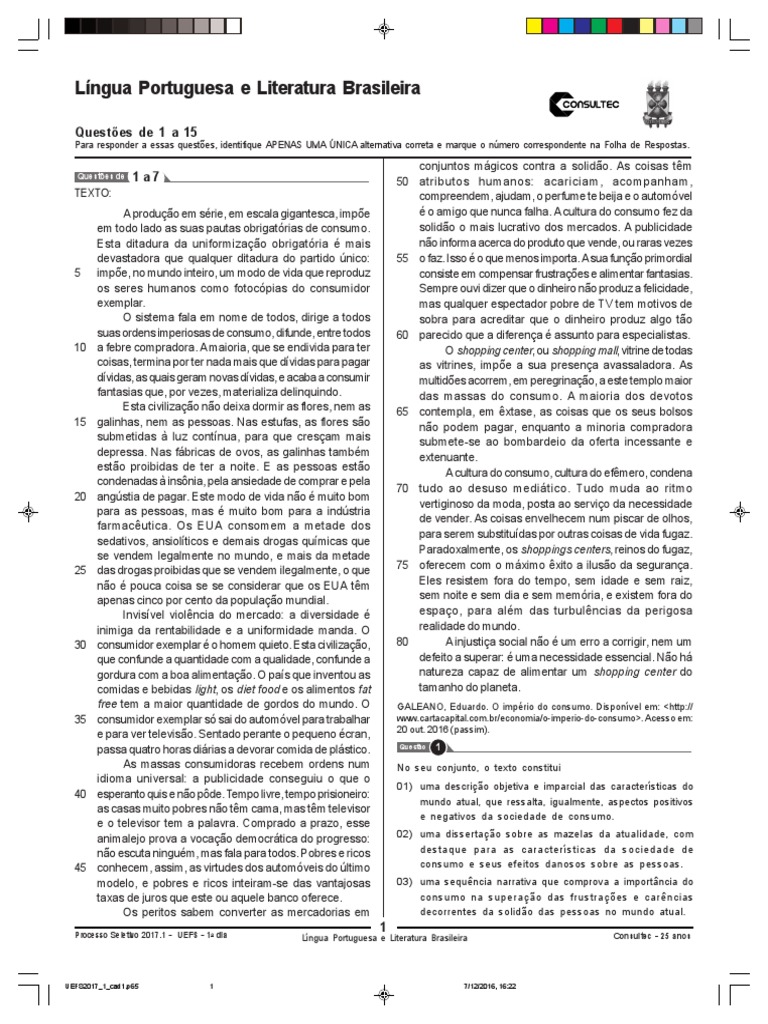 Prova Uefs 2016 | Download grátis PDF | Consumismo | Amor