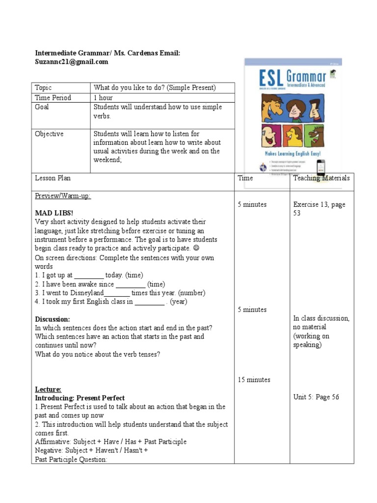 Intermediate Grammar Lesson Plan | PDF | Perfect (Grammar) | Subject ...